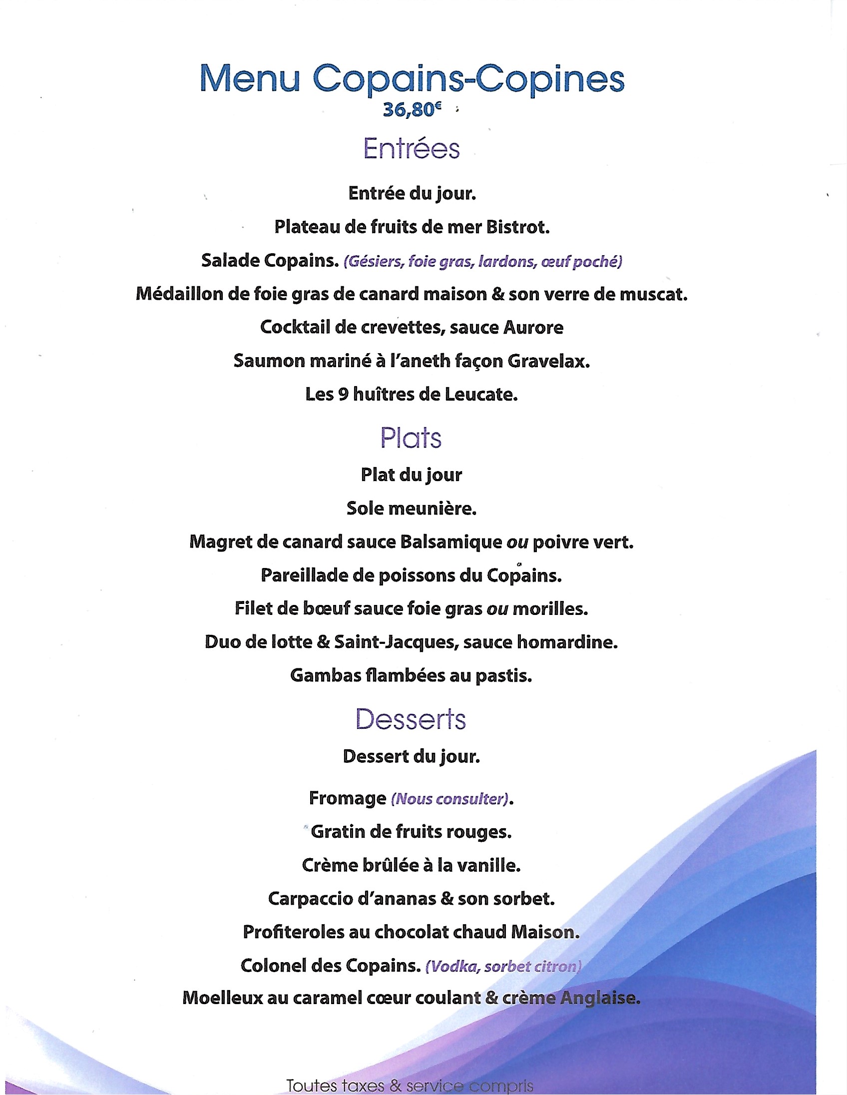 Nos Menus – Restaurant Le Bistrot des Copains