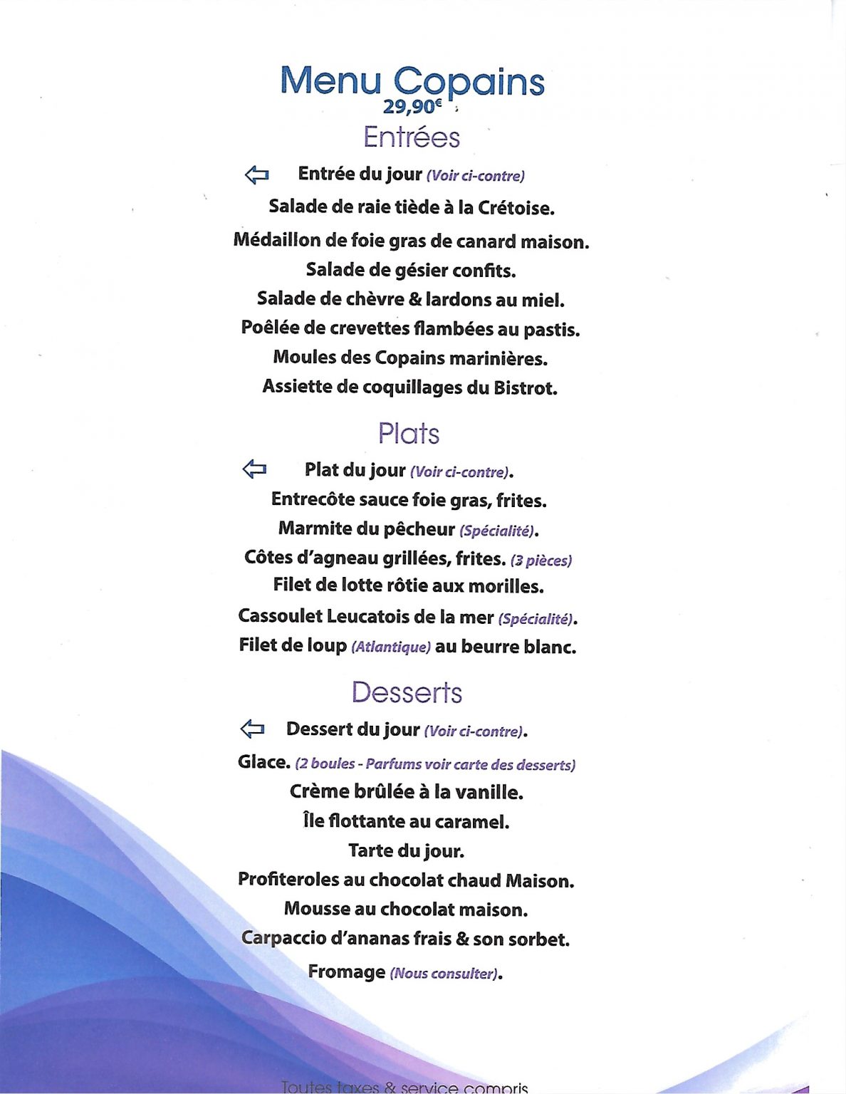 Nos Menus – Restaurant Le Bistrot des Copains