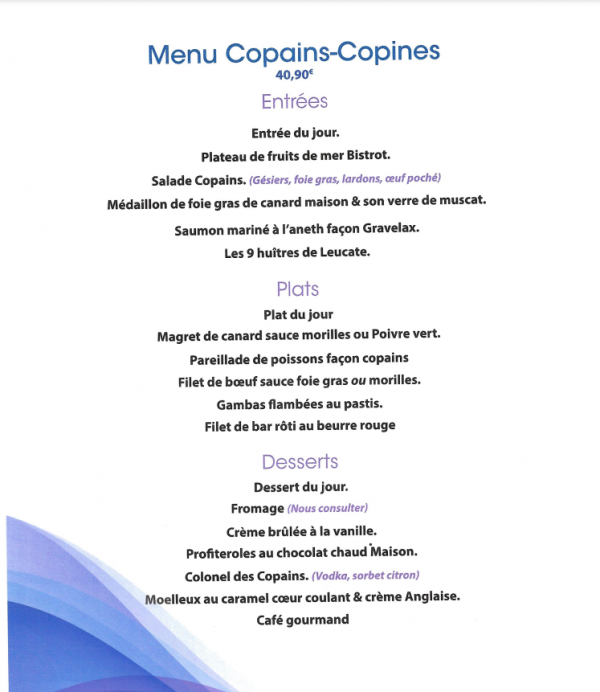 Nos Menus – Restaurant Le Bistrot des Copains